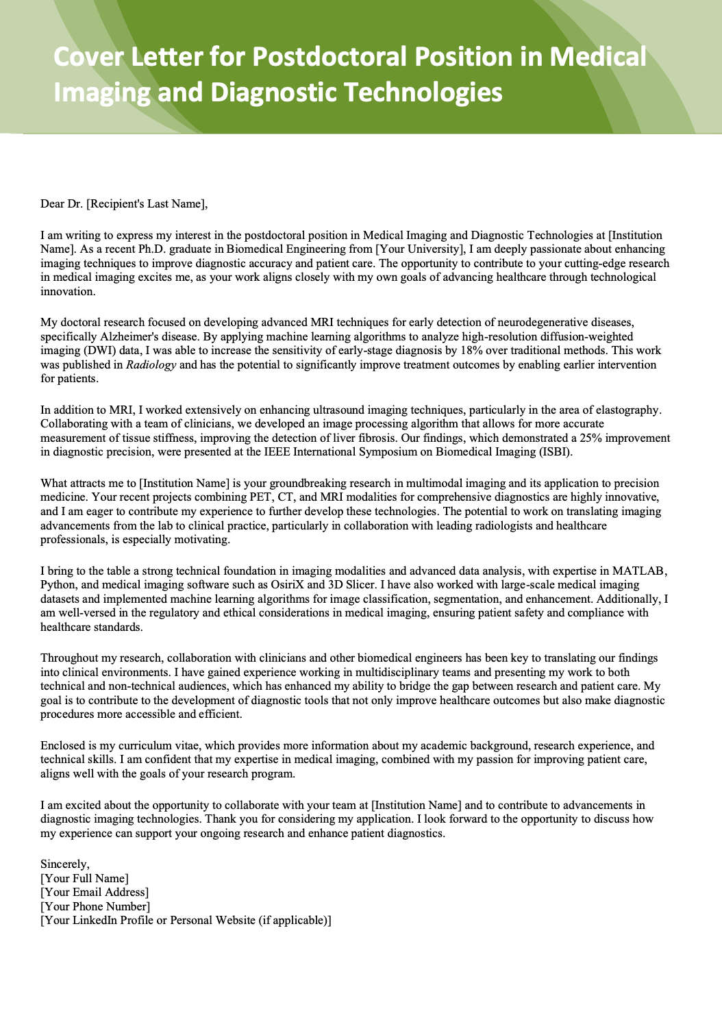 Cover Letter for Postdoctoral Position in Medical Imaging and ...