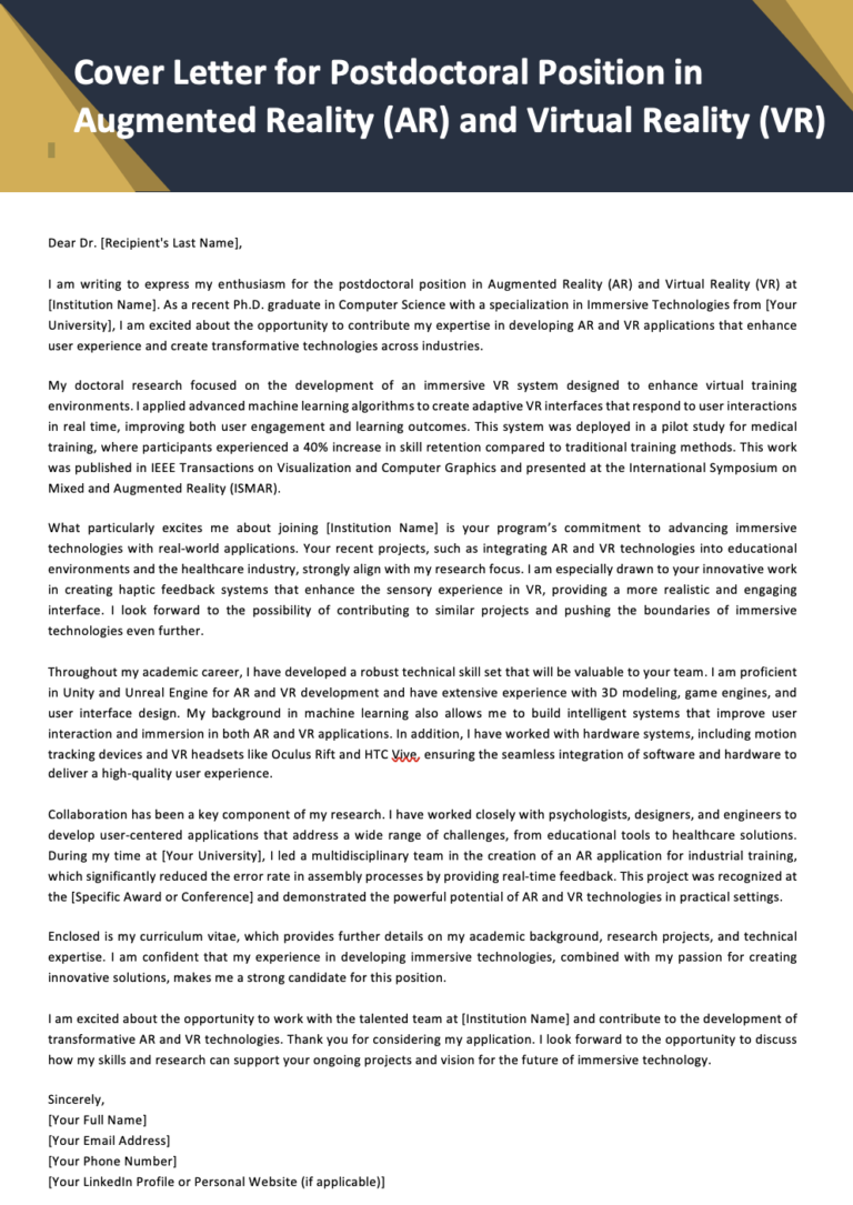 Postdoctoral Cover Letter Template for Augmented Reality (AR) and Virtual Reality (VR) - TempaHive