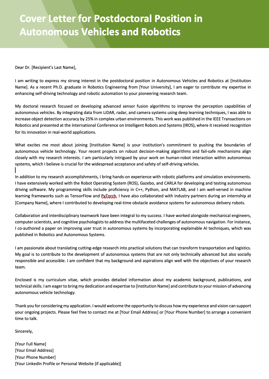 Postdoctoral Cover Letter Template for Autonomous Vehicles and Robotics ...